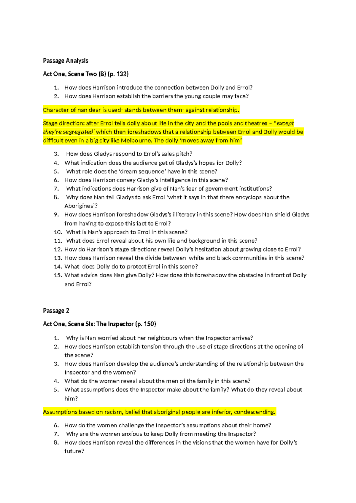 Passage Analysis - Passage Analysis Act One, Scene Two (B) (p. 132) 1 ...