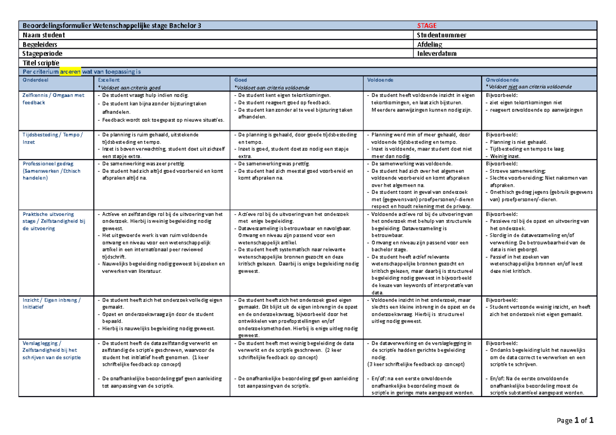 Formulier stage 2019-2020 - Beoordelingsformulier Wetenschappelijke ...