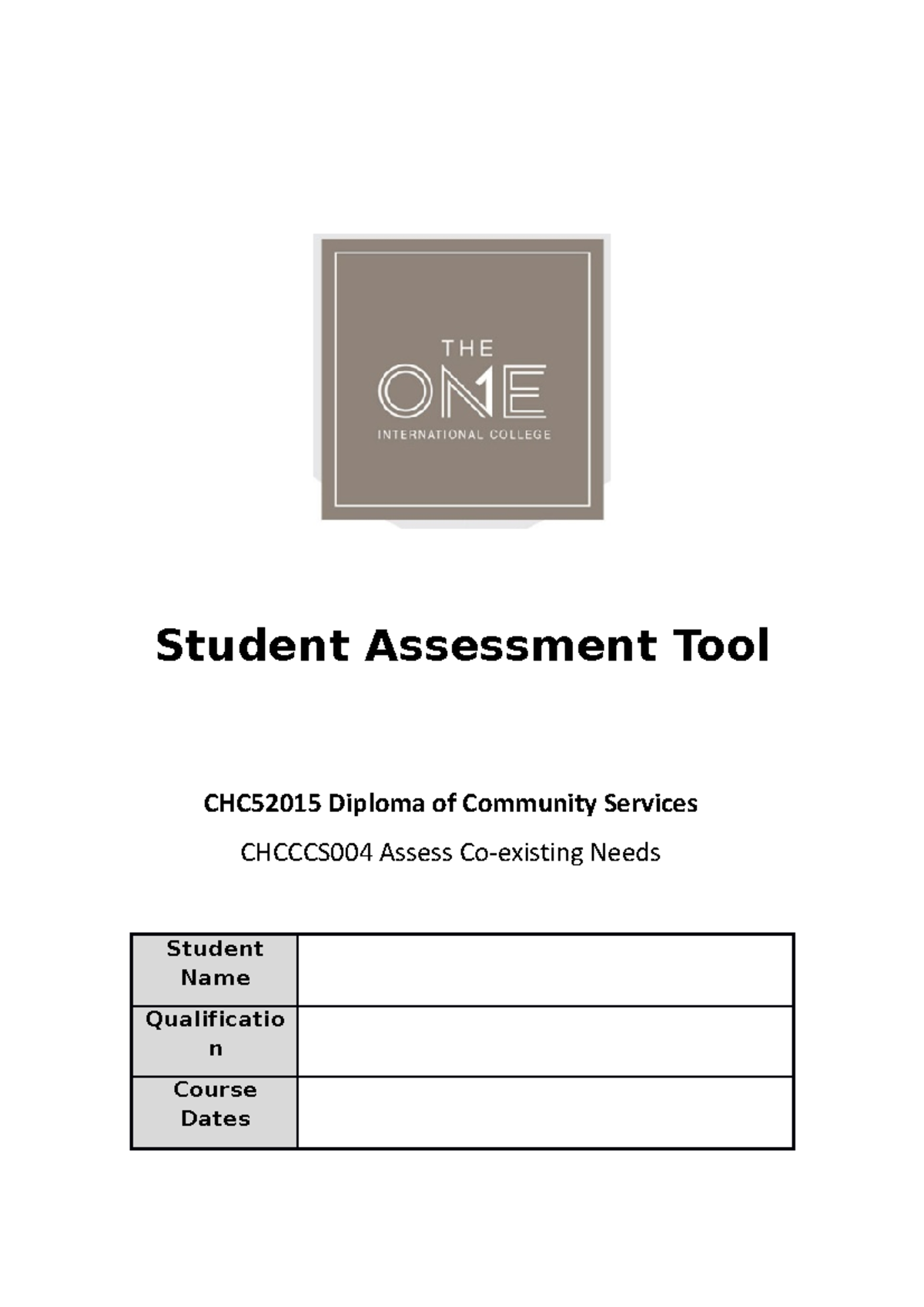 Chcccs 004 Student Assessment Tool - Student Assessment Tool Student ...