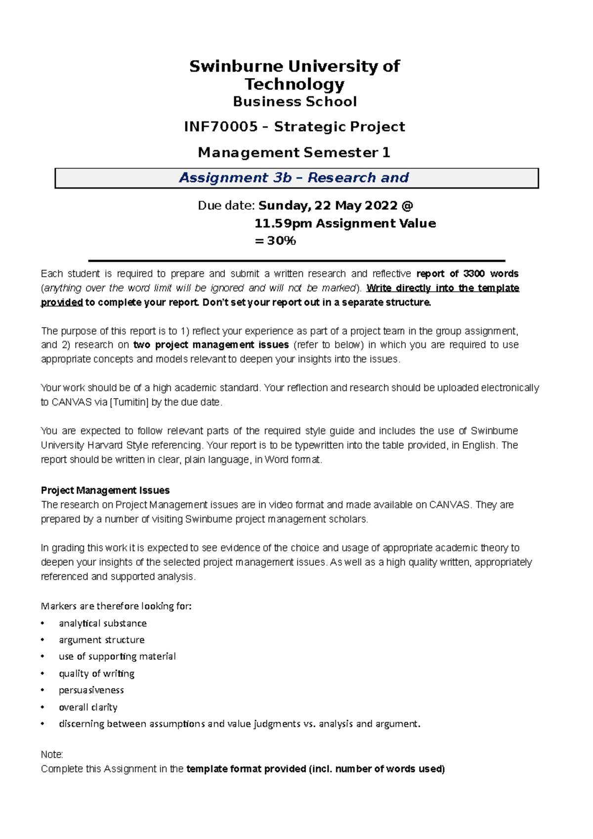60d466c0 - The assignment focuses on project management. - Swinburne University of Technology ...