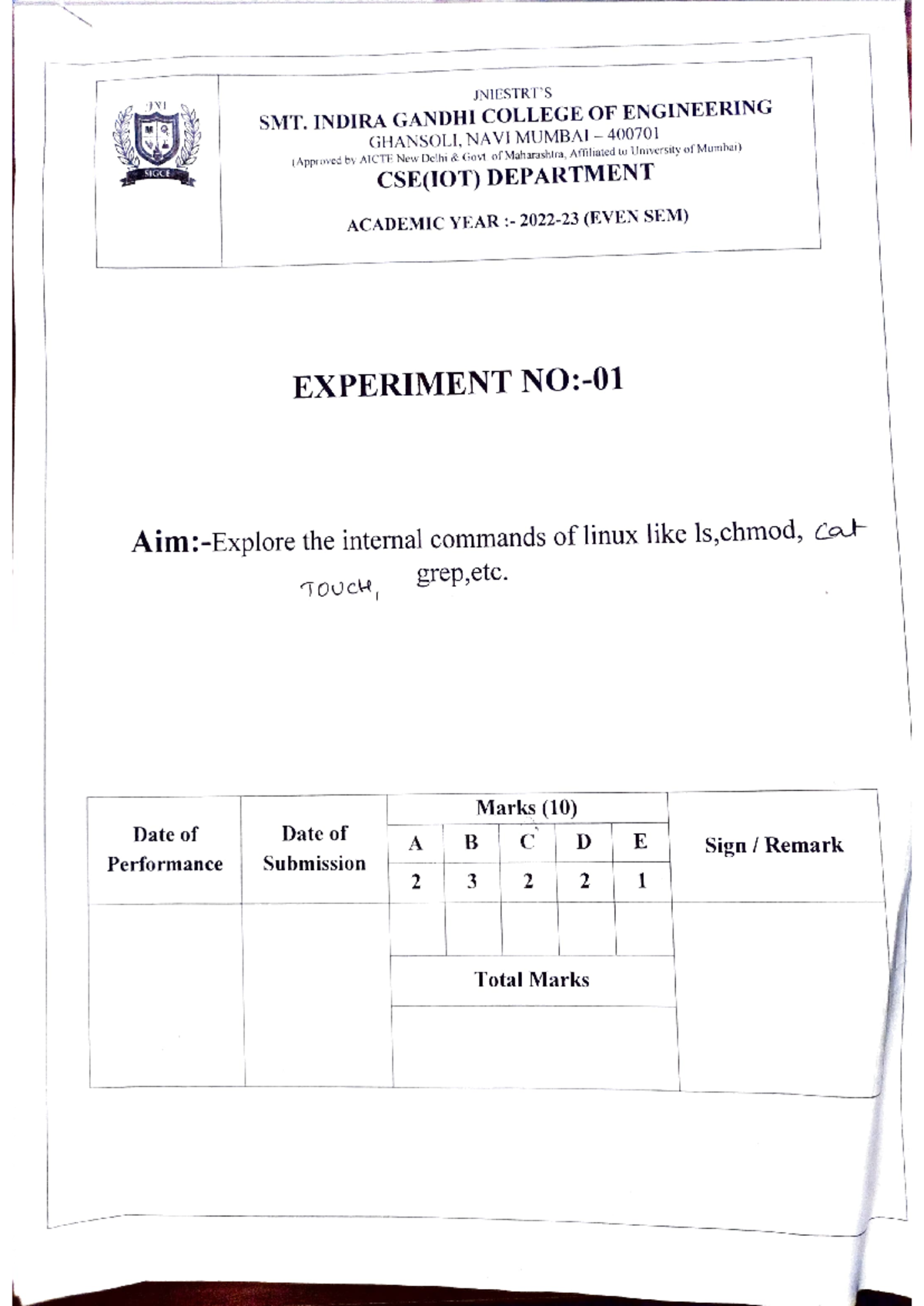 OS Prc 1 - SIGCE Date of Performance SMT. INDIRA GANDHI COLLEGE OF ...