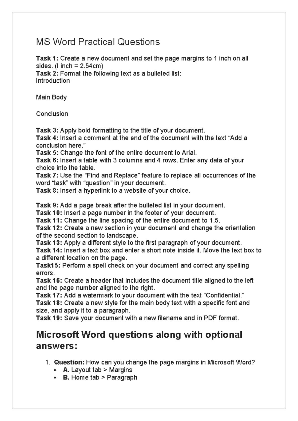 Ms Word Practical Questions I Inch 2 Task 2 Format The Following