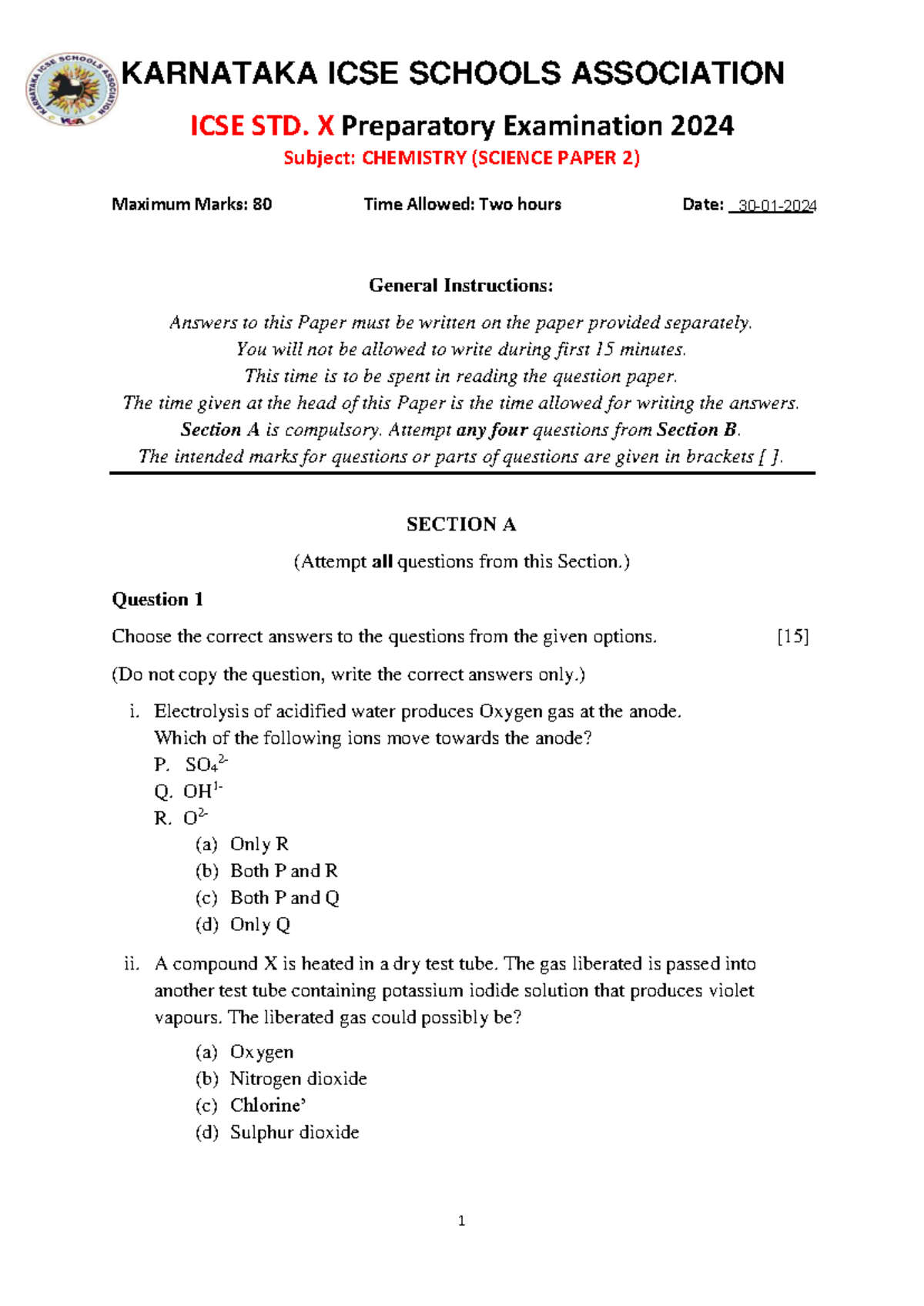 KISA Chemistry QP - Exam papers - ICSE STD. X Preparatory Examination ...