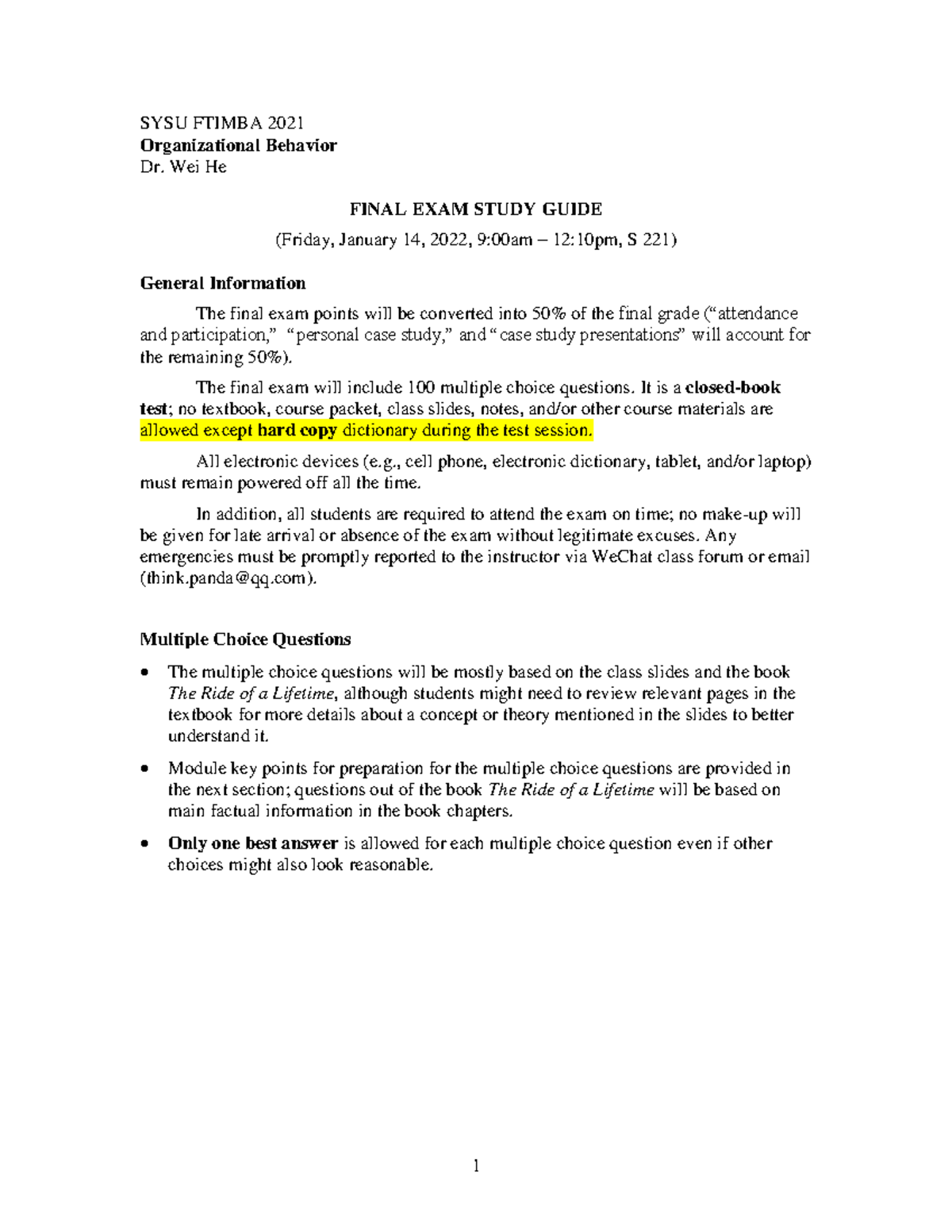 SYSU OB21F FT Final Study Guide - SYSU FTIMBA 202 1 Organizational ...