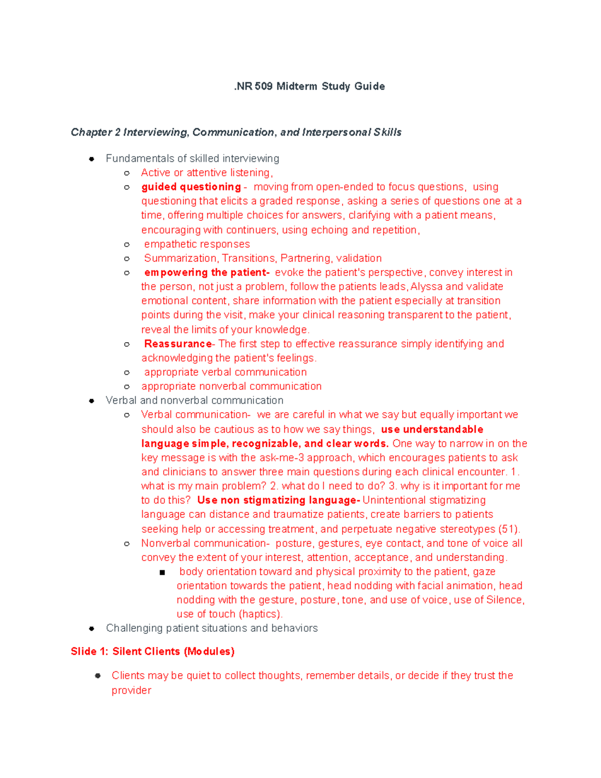NR 509 Midterm ch 2 - REVIEW - .NR 509 Midterm Study Guide Chapter 2 Interviewing, Communication ...