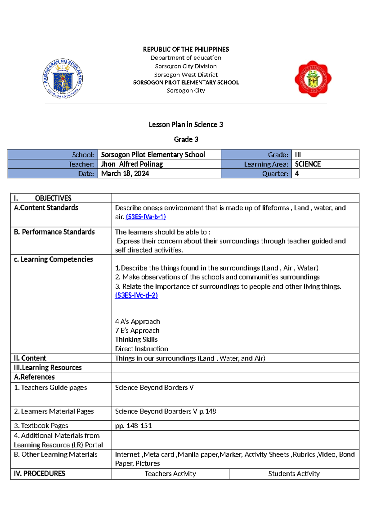 Lesson Plan In Science Grade 5 - REPUBLIC OF THE PHILIPPINES Department ...