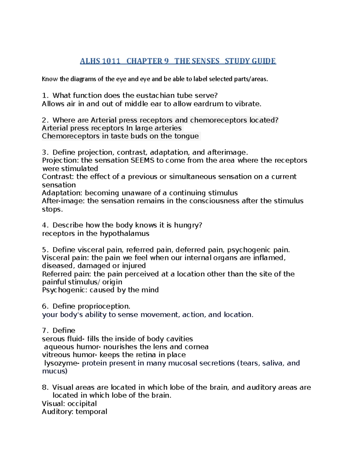 ALHS 1011 Chapter 9 THE Senses Study Guide (1) - ALHS 1011 CHAPTER 9 ...