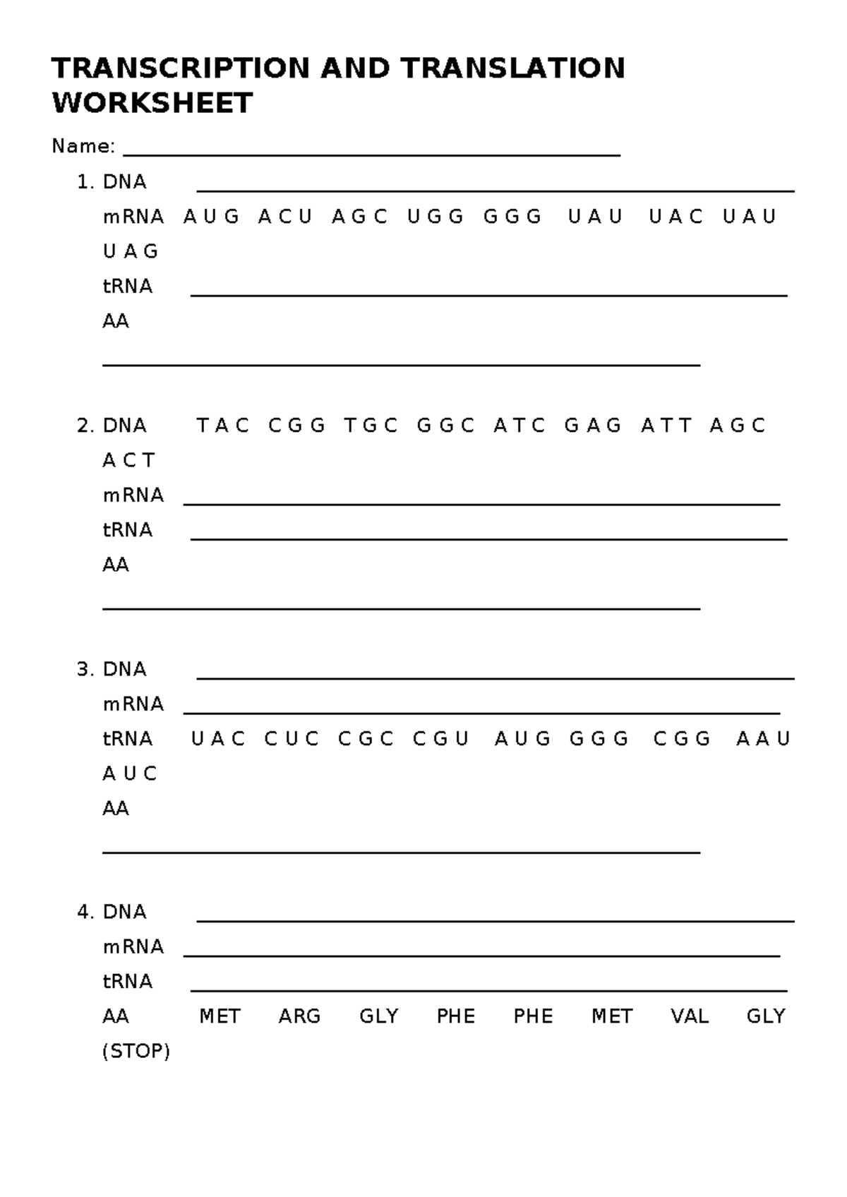 Transcription AND Translation Worksheet - TRANSCRIPTION AND TRANSLATION ...