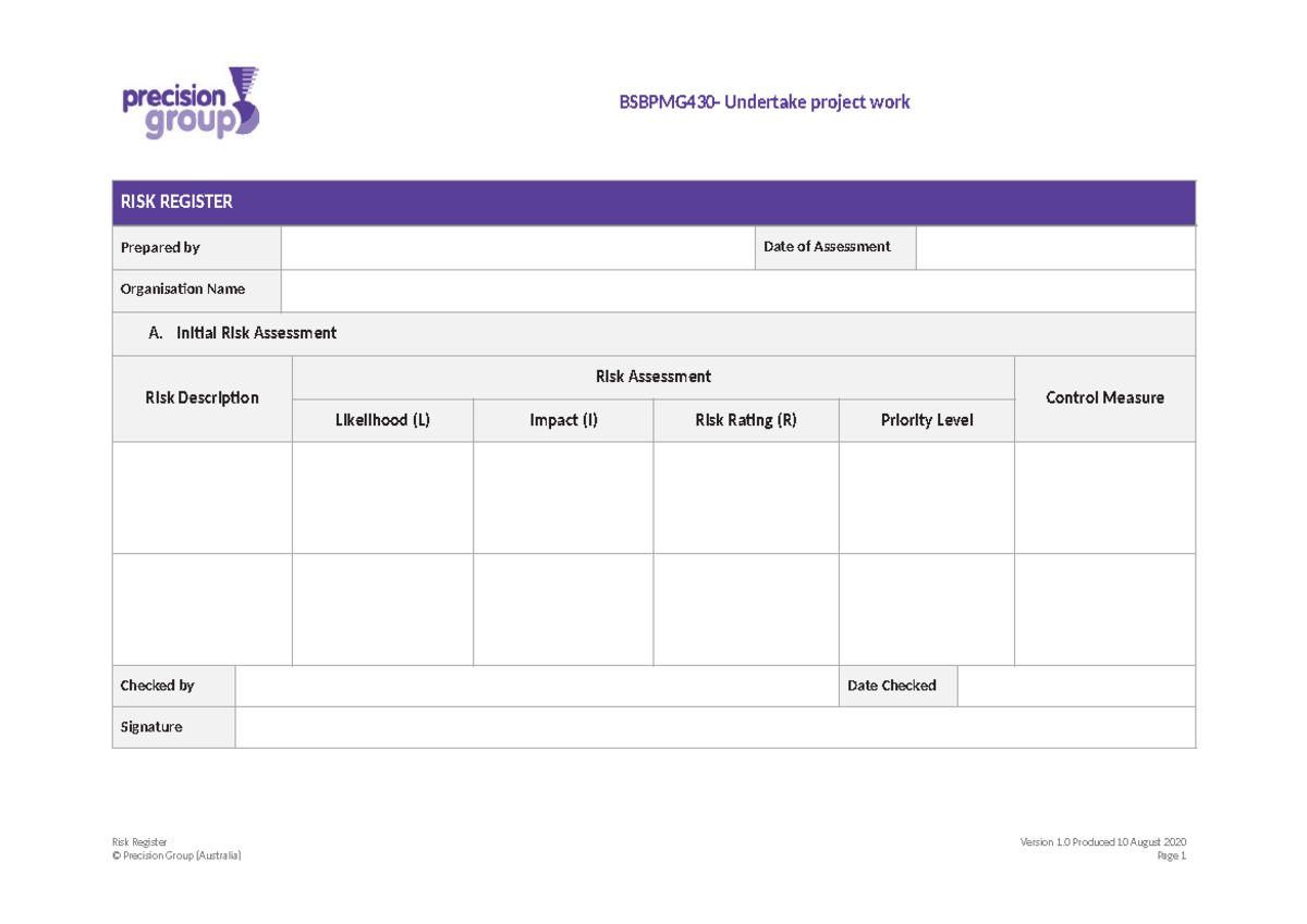 PMG430-risk-register - Agricultural education and extension - BSBPMG430 ...