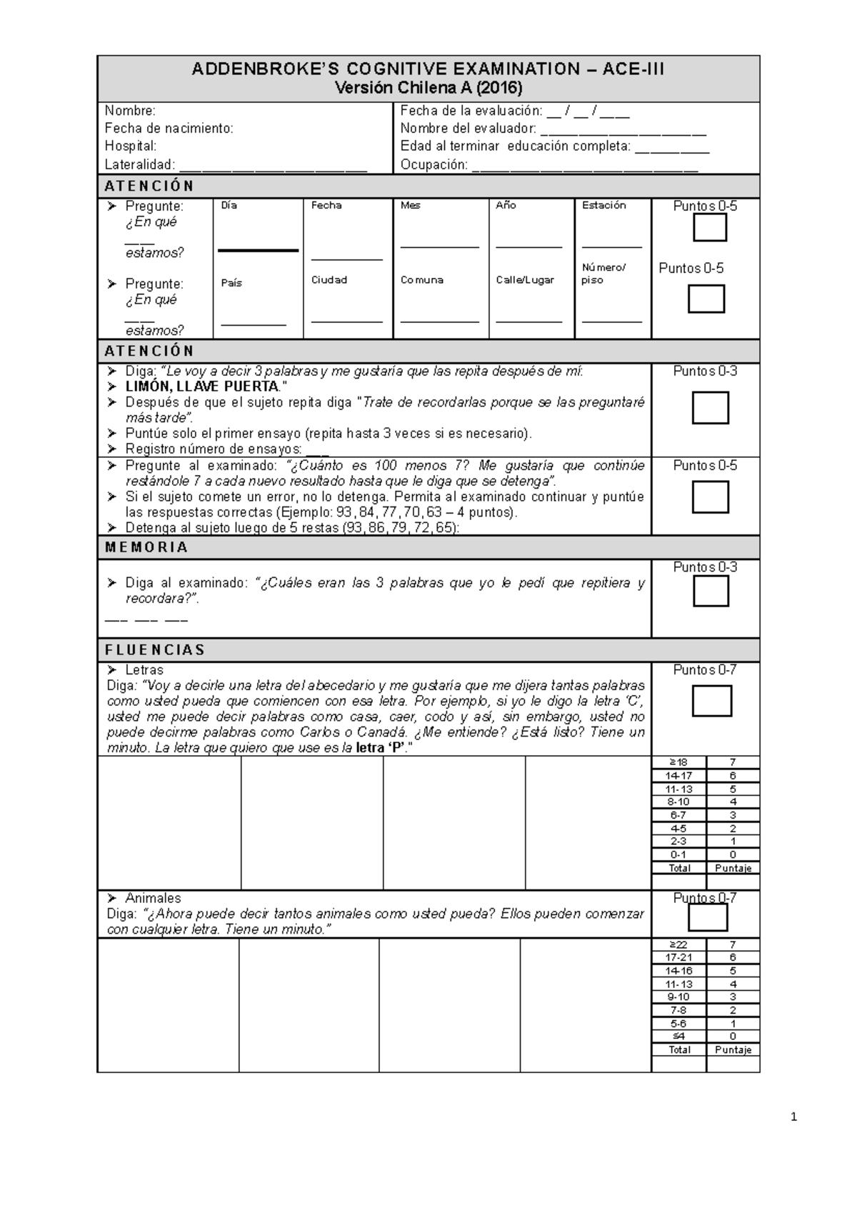 ACE III Chile - protocolo - ADDENBROKE’S COGNITIVE EXAMINATION – ACE ...