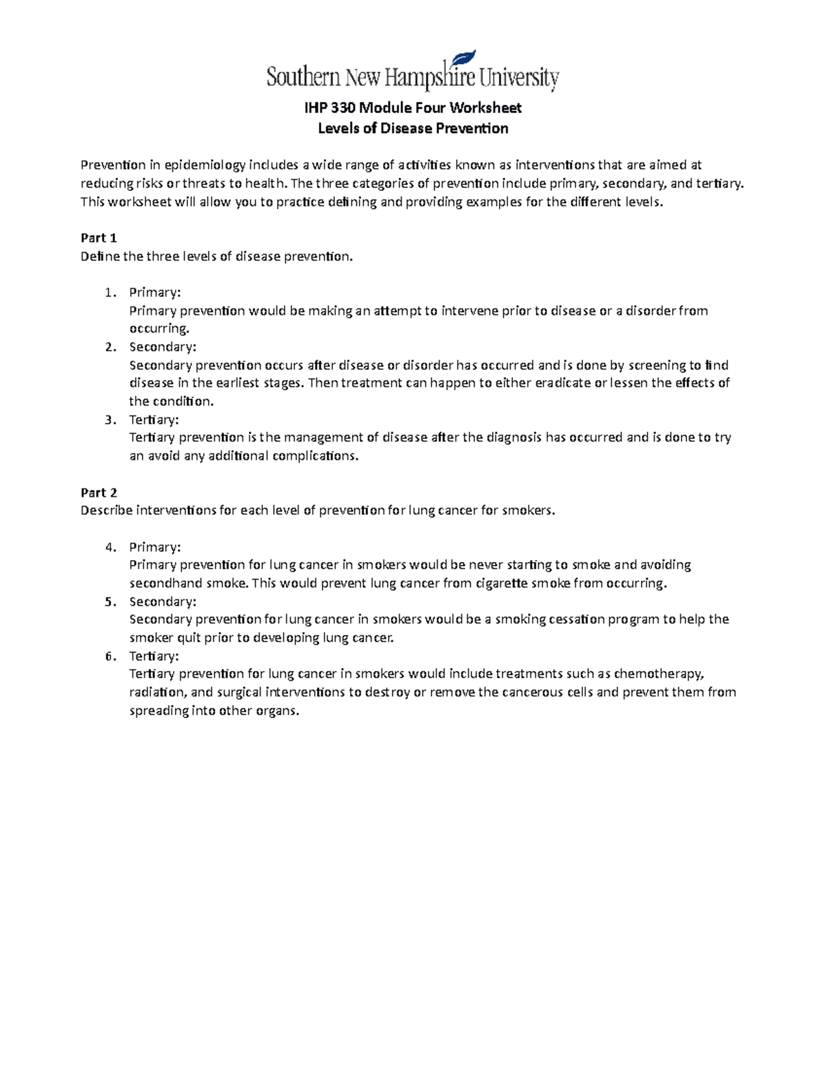 IHP 330 Module Four Worksheet - IHP 330 Module Four Worksheet Levels of ...