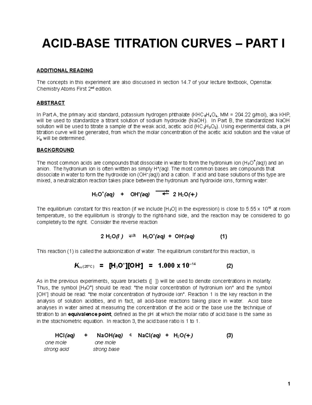 210519 Expt 8 - Acid-Base Titration Curves - Part I - ACID-BASE ...