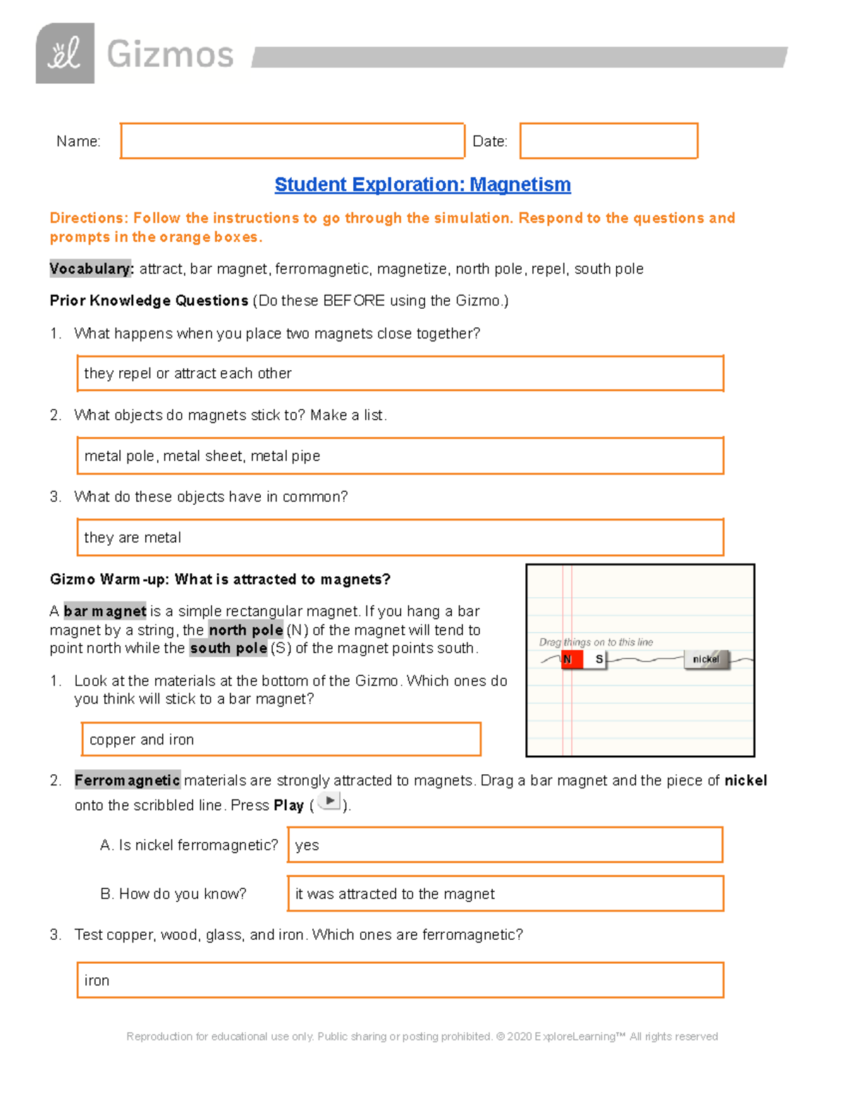 Copy of Magnetism SE - Name: Date: Student Exploration: Magnetism ...