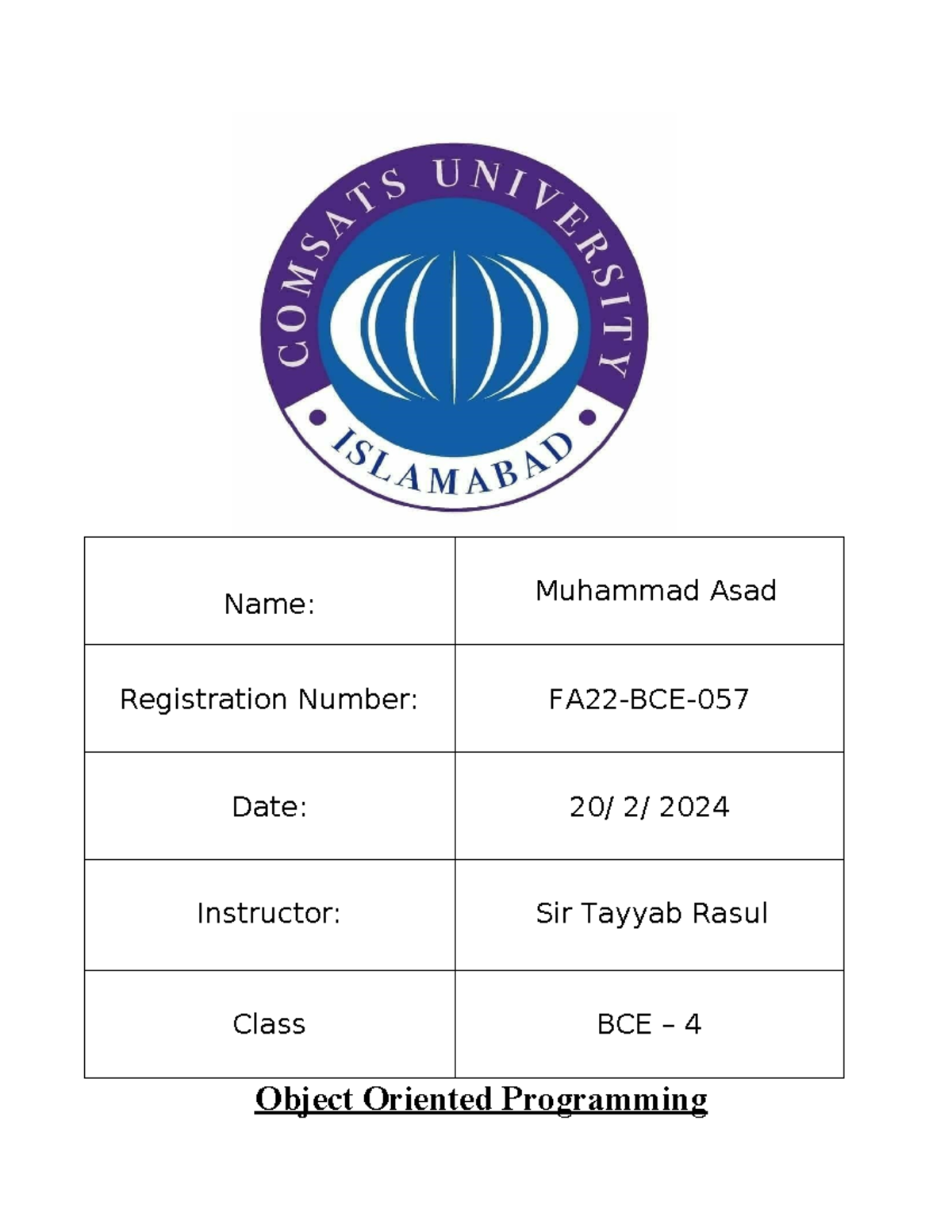 Oop Lab 01 Asad Lab Report Name Muhammad Asad Registration Number Fa22 Bce Date 20 2