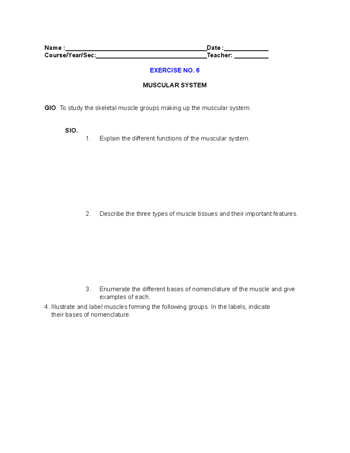 LAB Exercise Muscular System - Name : Date : Course/Year/Sec: Teacher ...