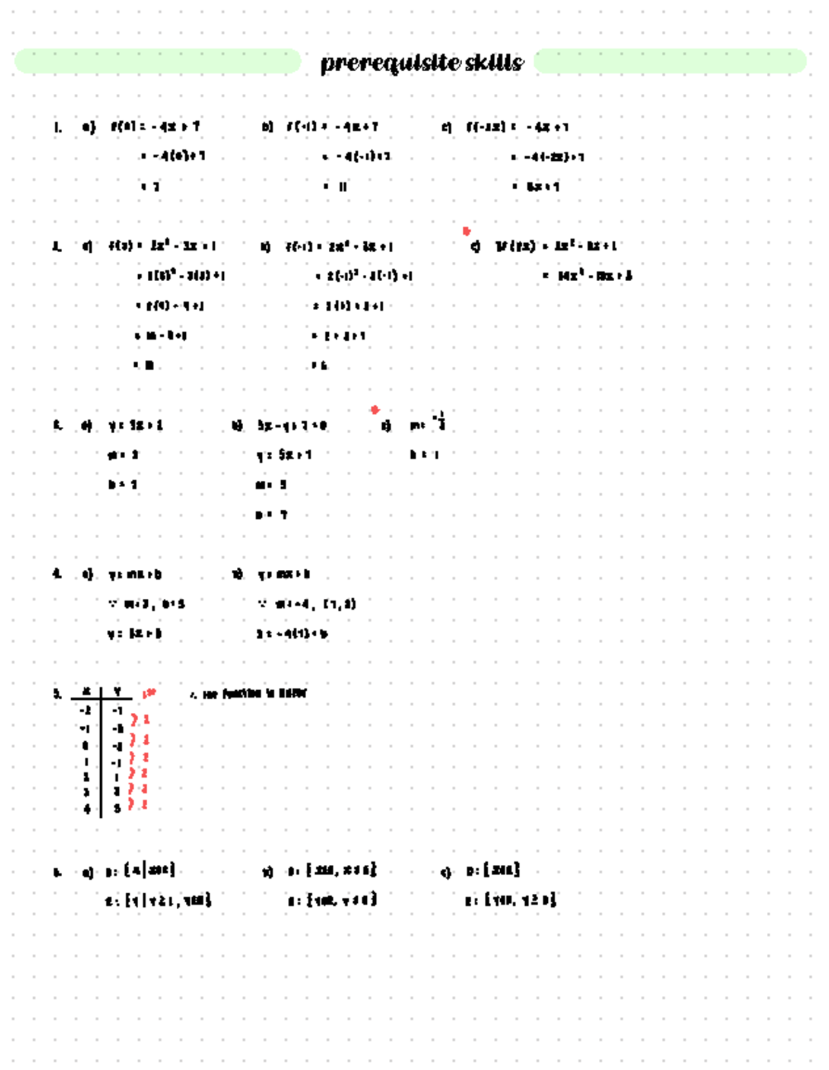 Prerequisite Skills - assignment - prerequisite skills 1. () f(0) = - 4x + 7 b) f( - 1) = - 4x ...