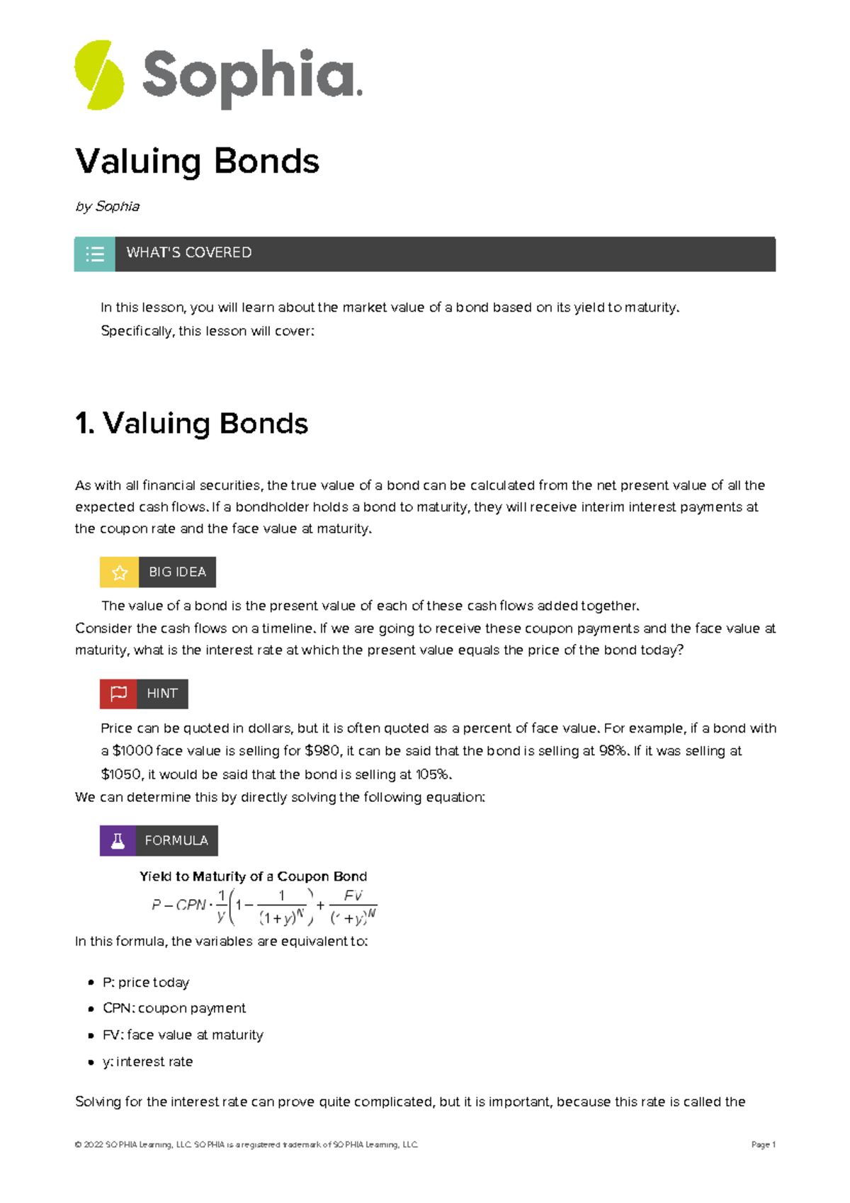 Valuing bonds - examples and notes - Valuing Bonds by Sophia In this ...
