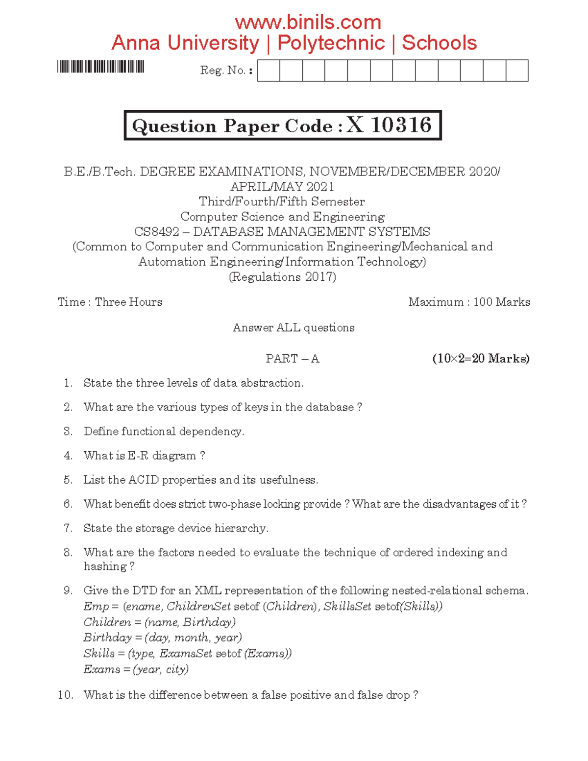 database management system - X10316 Reg. No. : Question Paper Code : X 10316 B.E./B. DEgREE ...