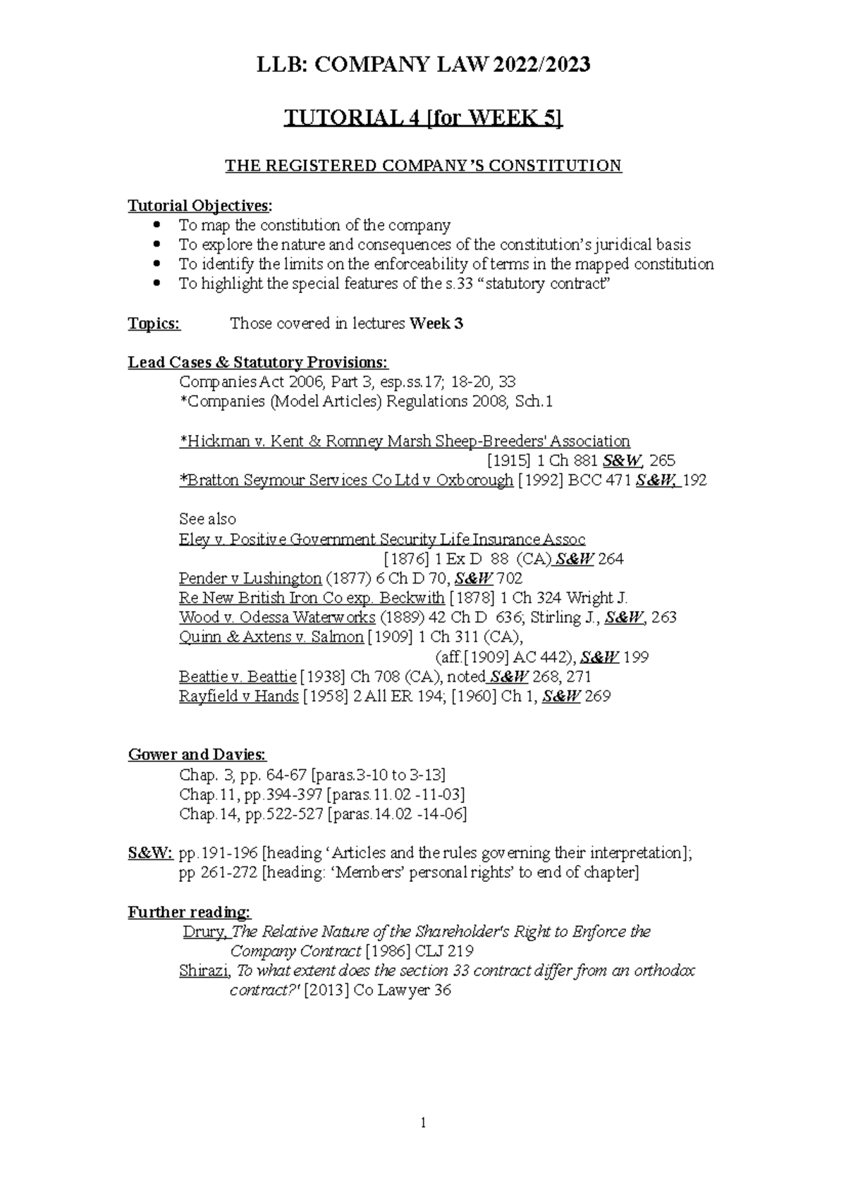 Co 2022.tutorial handout semester 1 - LLB: COMPANY LAW 2022/ TUTORIAL 4 ...