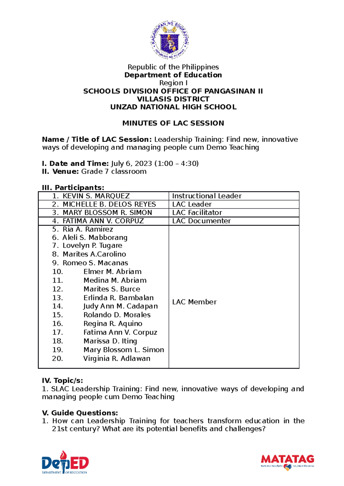 Minutes OF LAC Session - Republic of the Philippines Department of ...