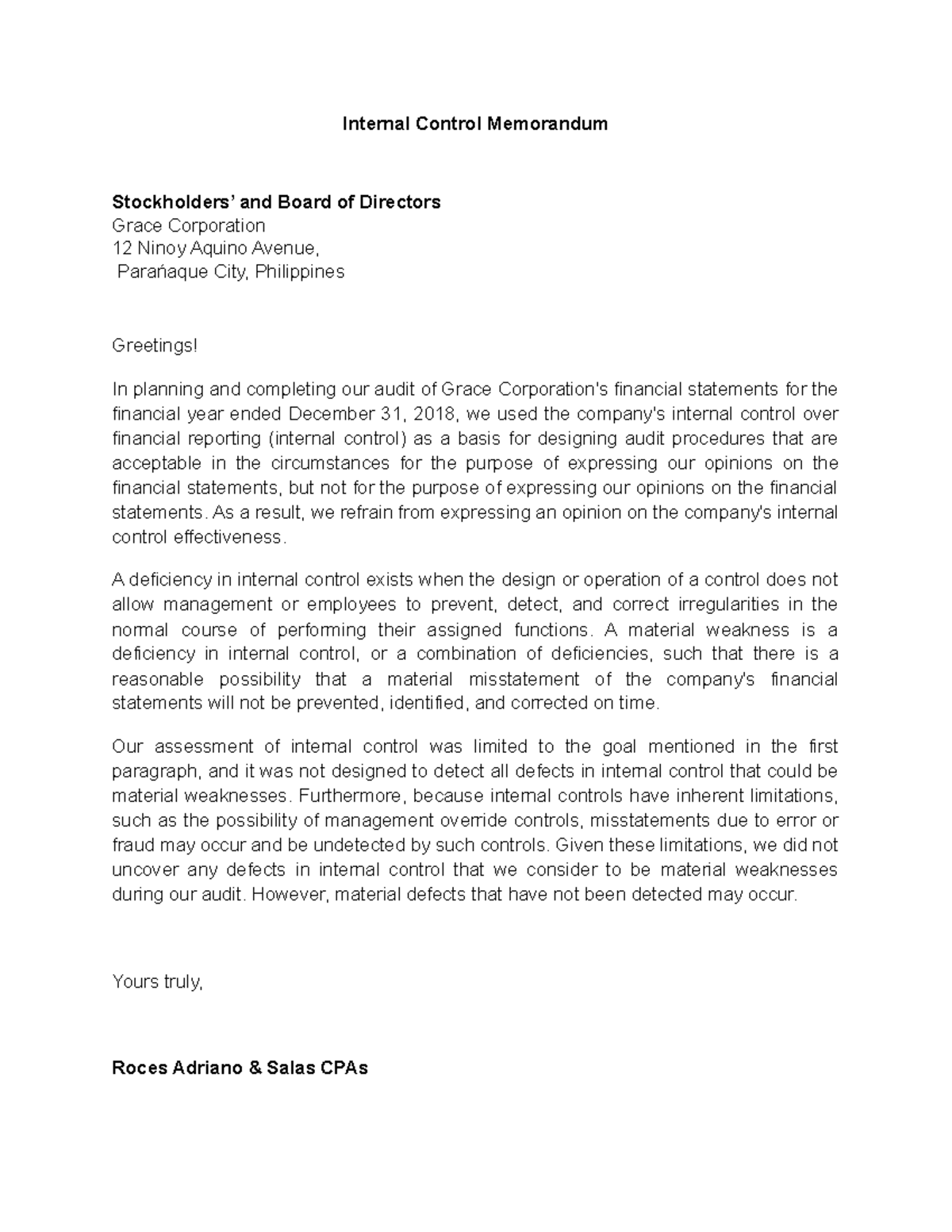 Internal Control Memorandum - Internal Control Memorandum Stockholders ...