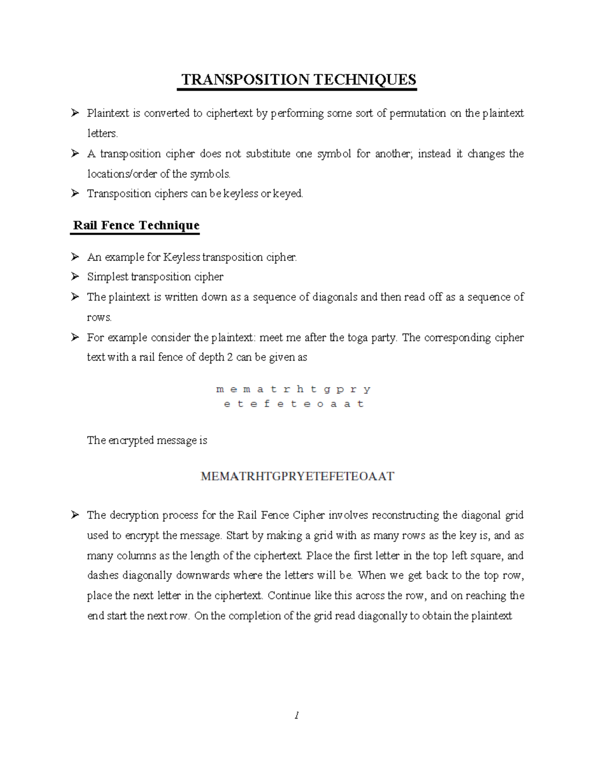 Secure Communication Module 4 - TRANSPOSITION TECHNIQUES Plaintext is ...