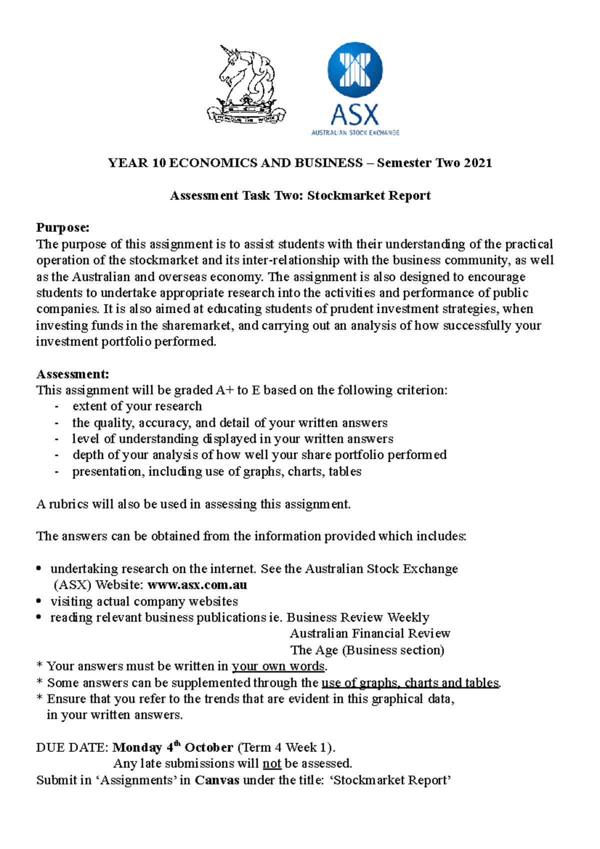 Stockmarket Report 2021 Sem 2 - YEAR 10 ECONOMICS AND BUSINESS ...