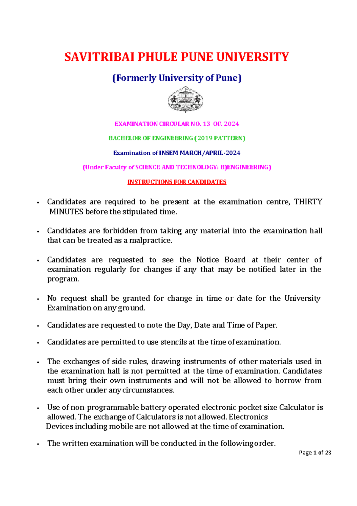 B.E. (2019 Pattern) Insem EXAM. Timetable FOR March- April-2024 ...