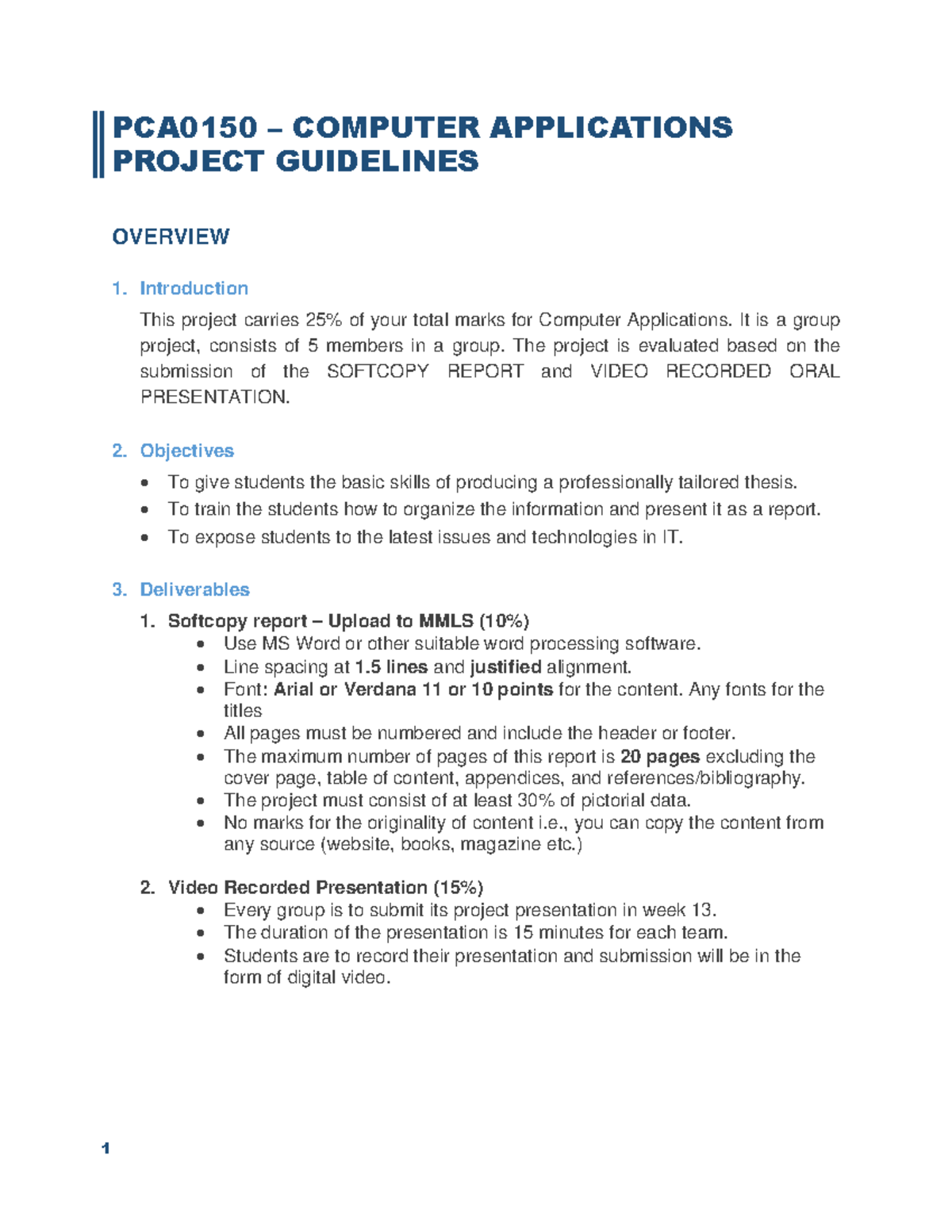 PCA0150 Project Guidelines - 1 PCA0150 – COMPUTER APPLICATIONS PROJECT ...