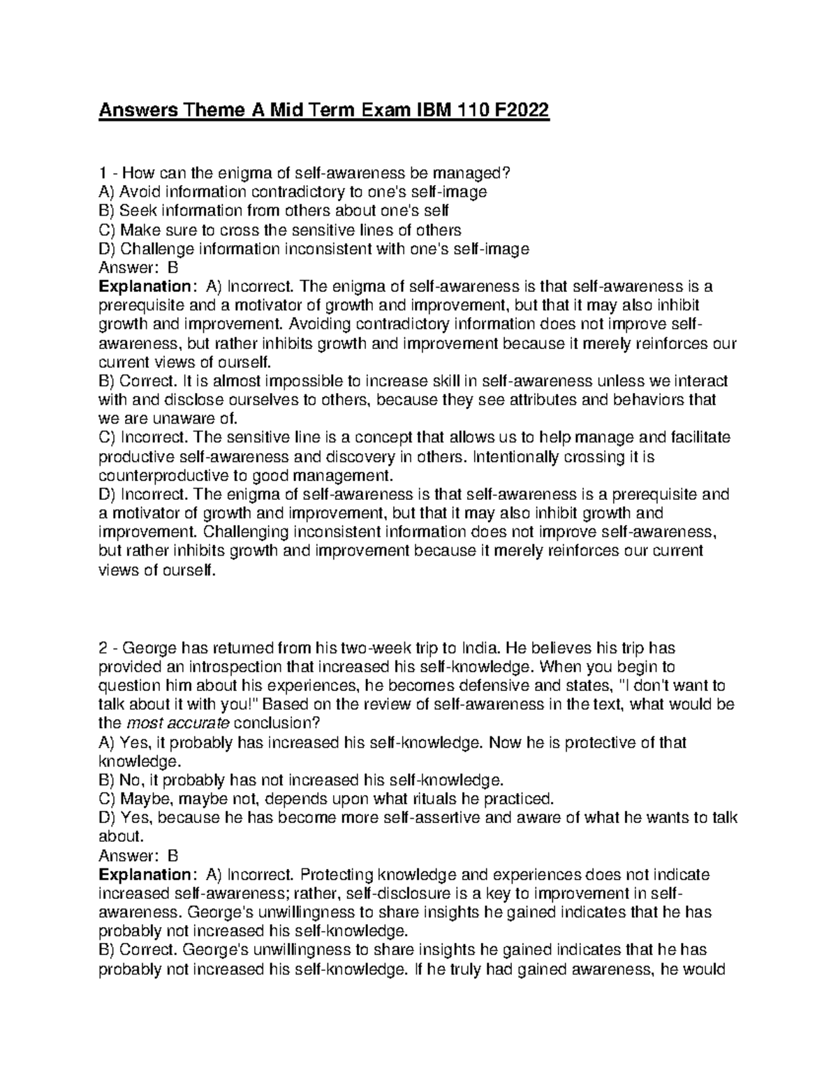 Answers Theme A Mid Term Exam IBM 110 F2022 - The enigma of self ...