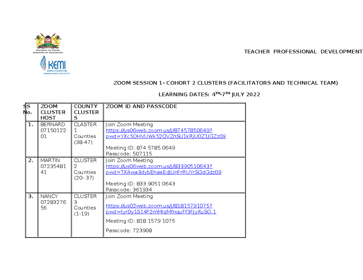 Zoom Link - TEACHER PROFESSIONAL DEVELOPMENT ZOOM SESSION 1- COHORT 2 ...