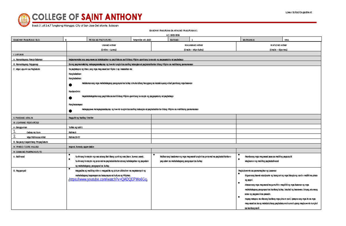 1st GP Week 5 - Lesson PLAN (AP 1) AY 2023-2024 - Lower School ...