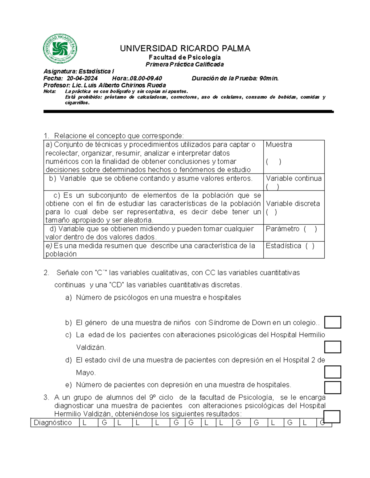 Pimera practica calificada 2024 - UNIVERSIDAD RICARDO PALMA Facultad de Psicología Primera ...
