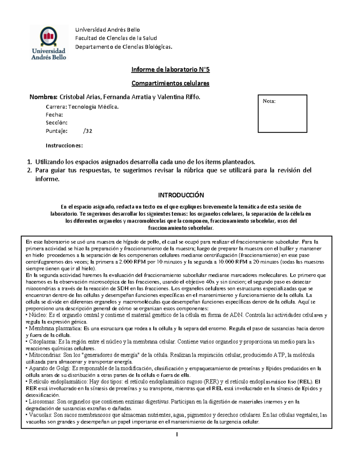 Informe 5 Biocel - 1 Universidad Andrés Bello Facultad de Ciencias de la Salud Departamento de ...