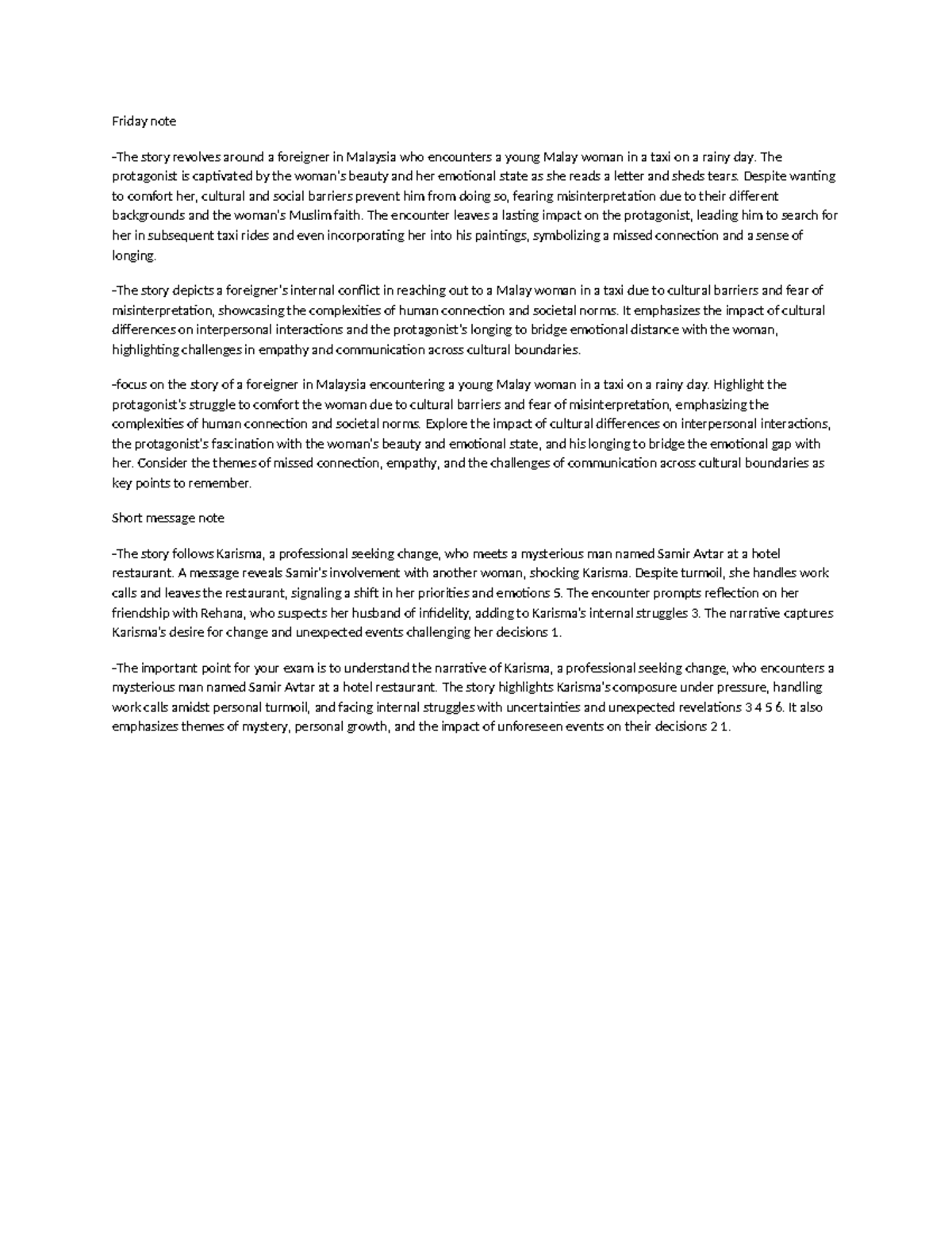 Prl notee - Hzuz - Friday note The story revolves around a foreigner in ...