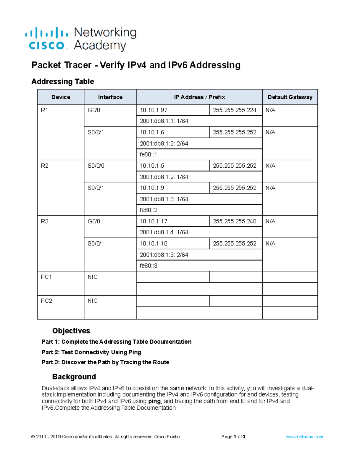 13.2.6 Packet Tracer - Verify IPv4 and IPv6 Addressing - Packet Tracer - Verify IPv4 and IPv6 ...