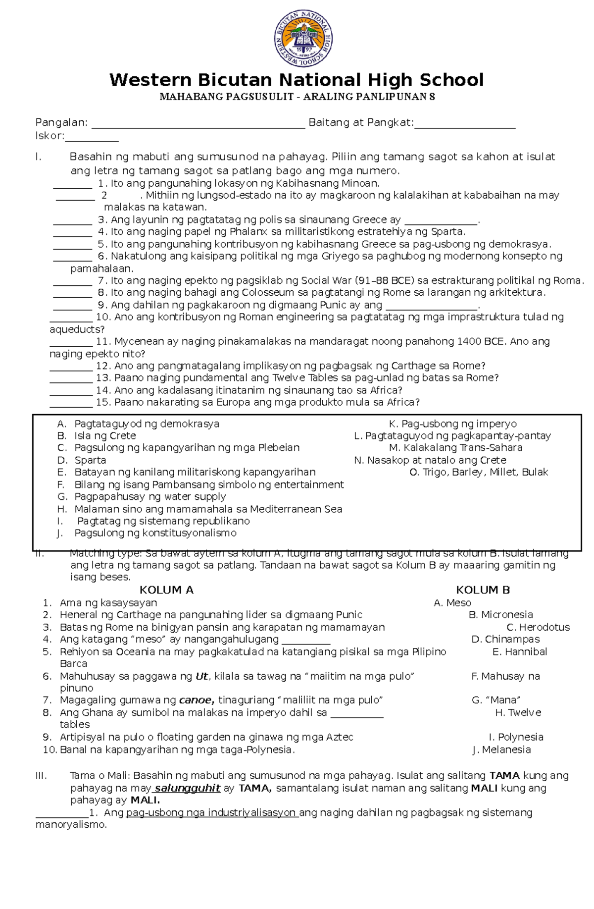 AP 8 LONG TEST - Quarter 2 - A. Pagtataguyod ng demokrasya K. Pag ...