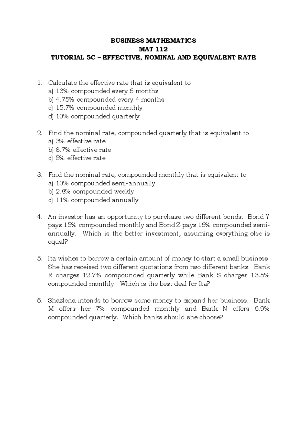 Tutorial 5C – Effective, Nominal AND Equivalent RATE - BUSINESS ...