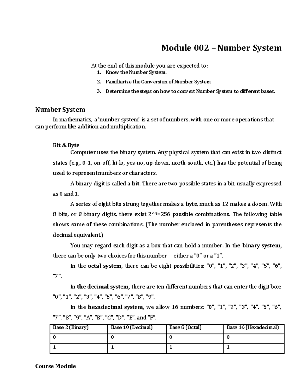 CF Notes - Course Module Module 002 – Number System At the end of this ...