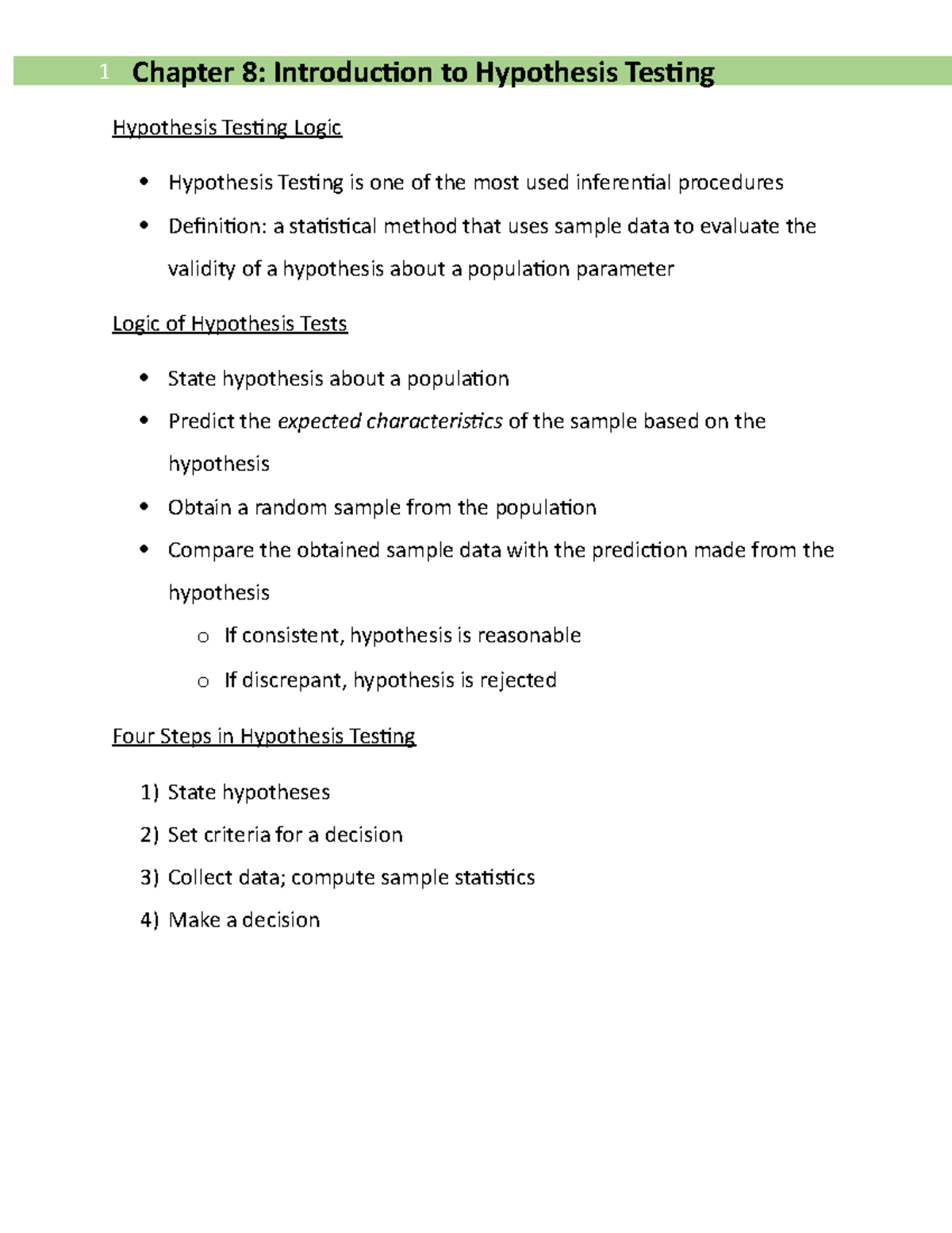 Chapter 8 - Class notes - Hypothesis Testing Logic Hypothesis Testing ...