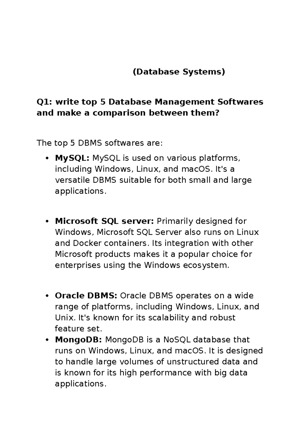 DBA1 - Database - (Database Systems) Q1: write top 5 Database ...