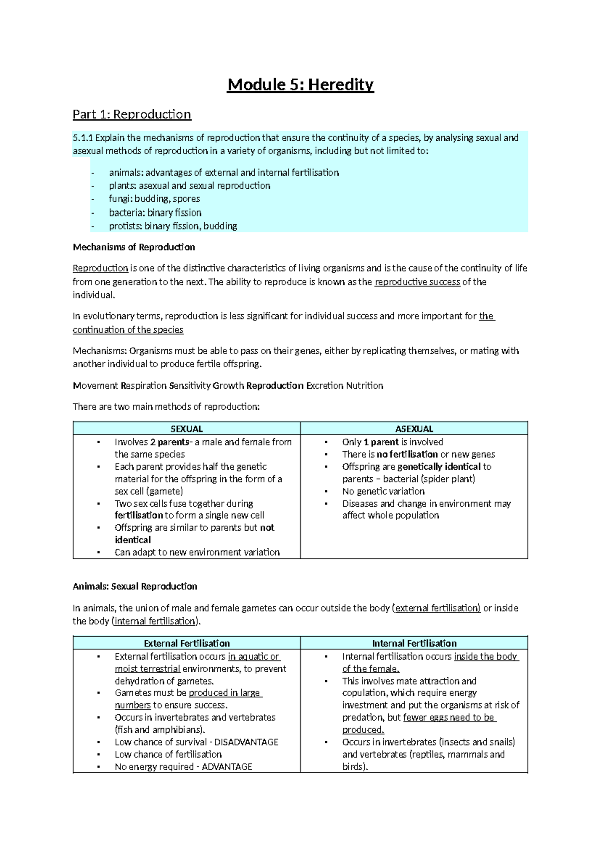 Module 5 - Module 5: Heredity Part 1: Reproduction 5.1 Explain the mechanisms of reproduction ...