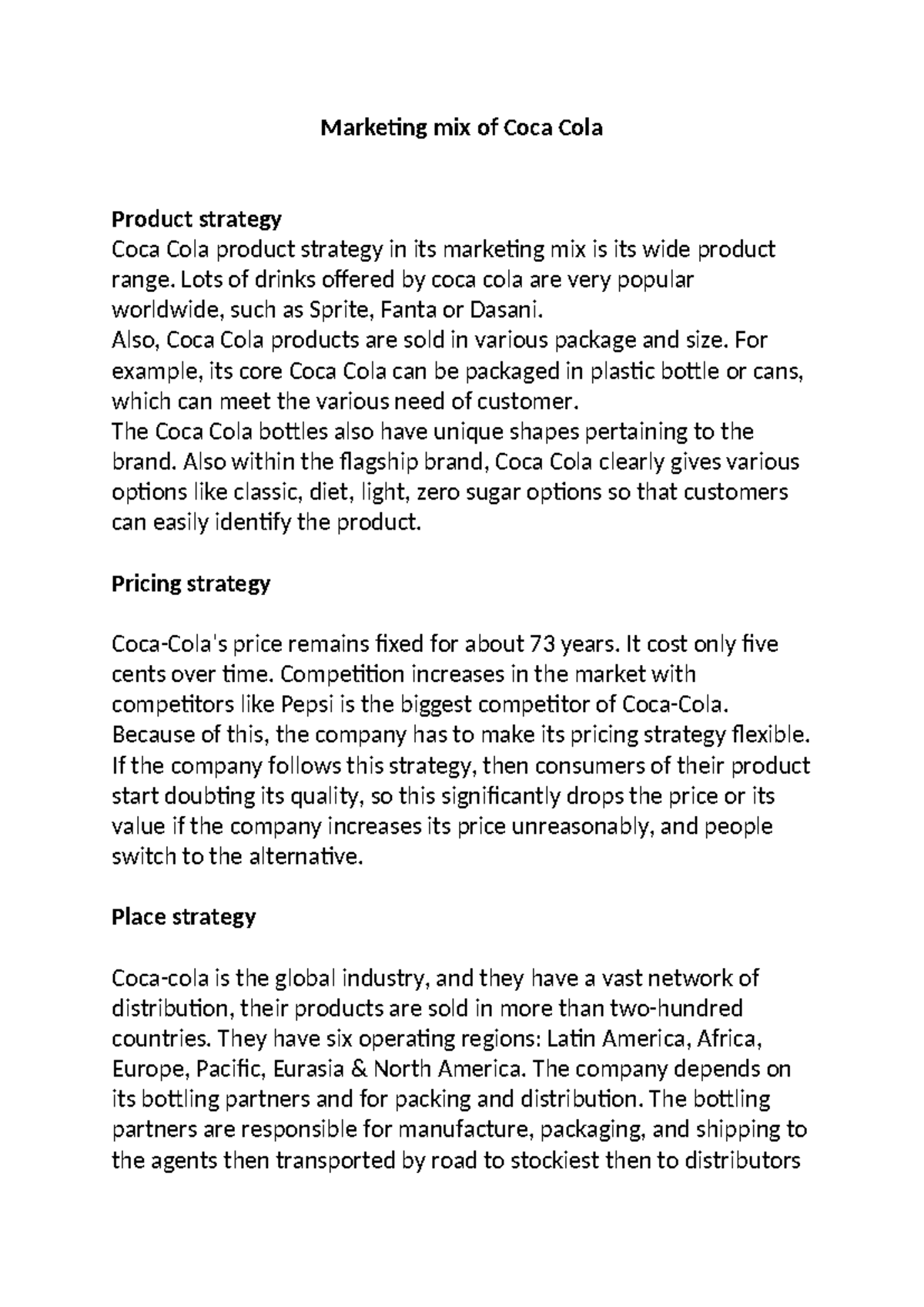 Marketing mix of Coca Cola - Marketing mix of Coca Cola Product ...