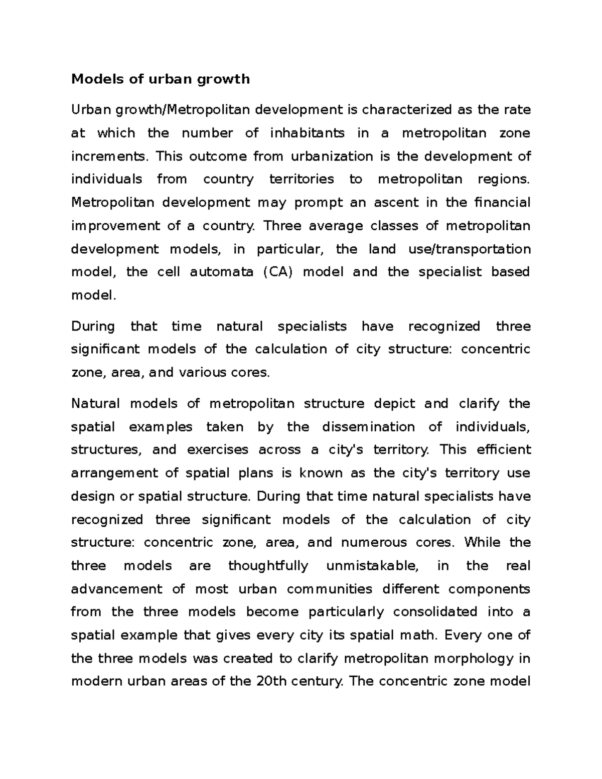 Models of urban growth - Useful material for this course. - Models of ...