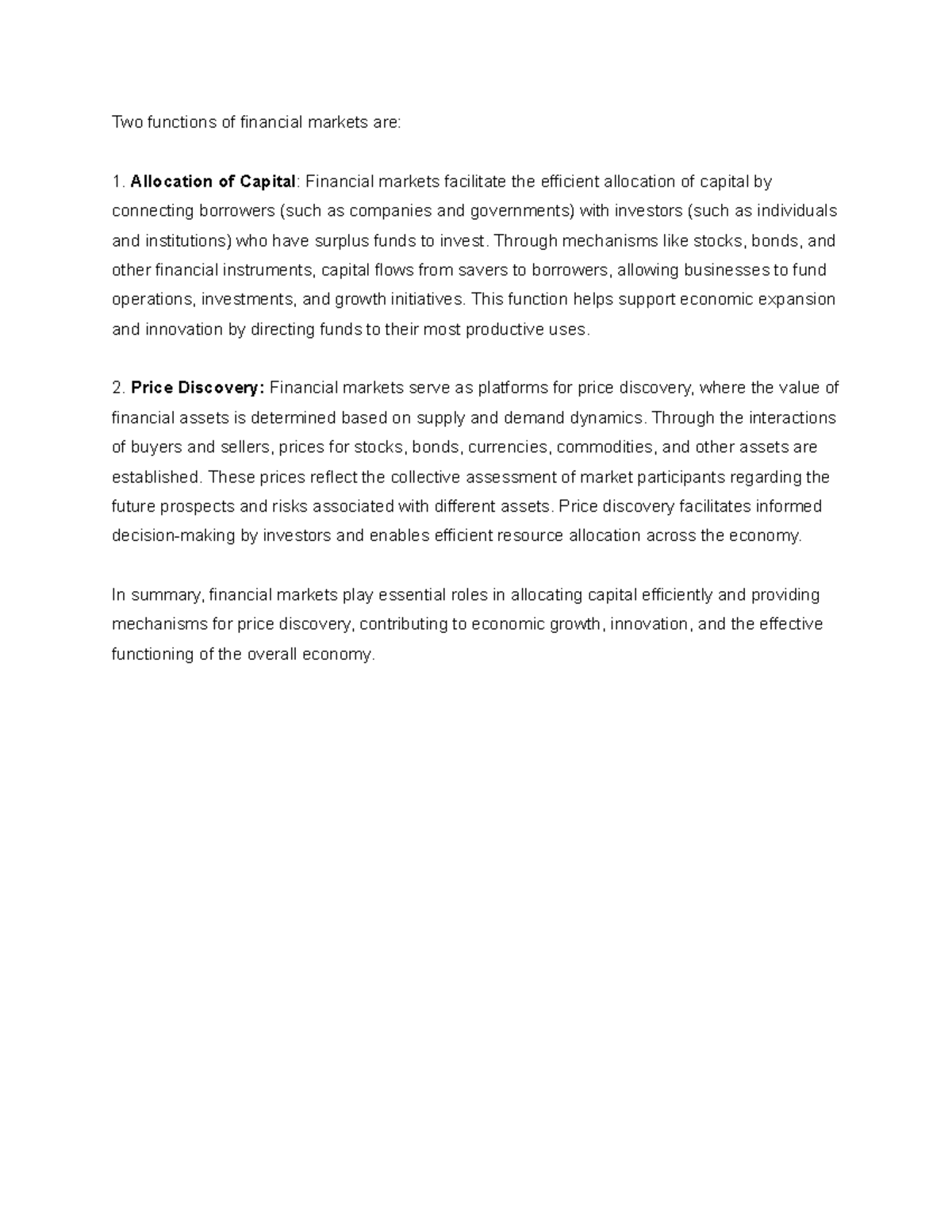 Two functions of financial markets - Through mechanisms like stocks ...