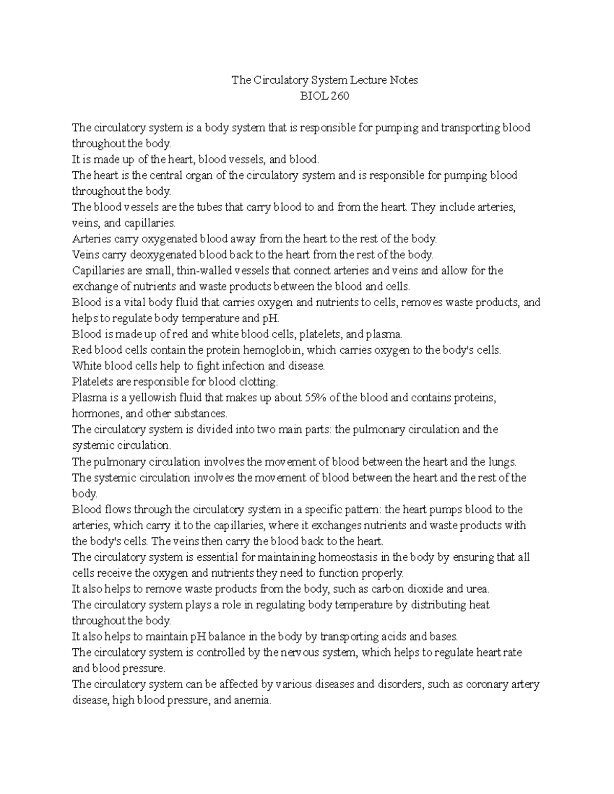 The Circulatory System Lecture Notes - It is made up of the heart ...