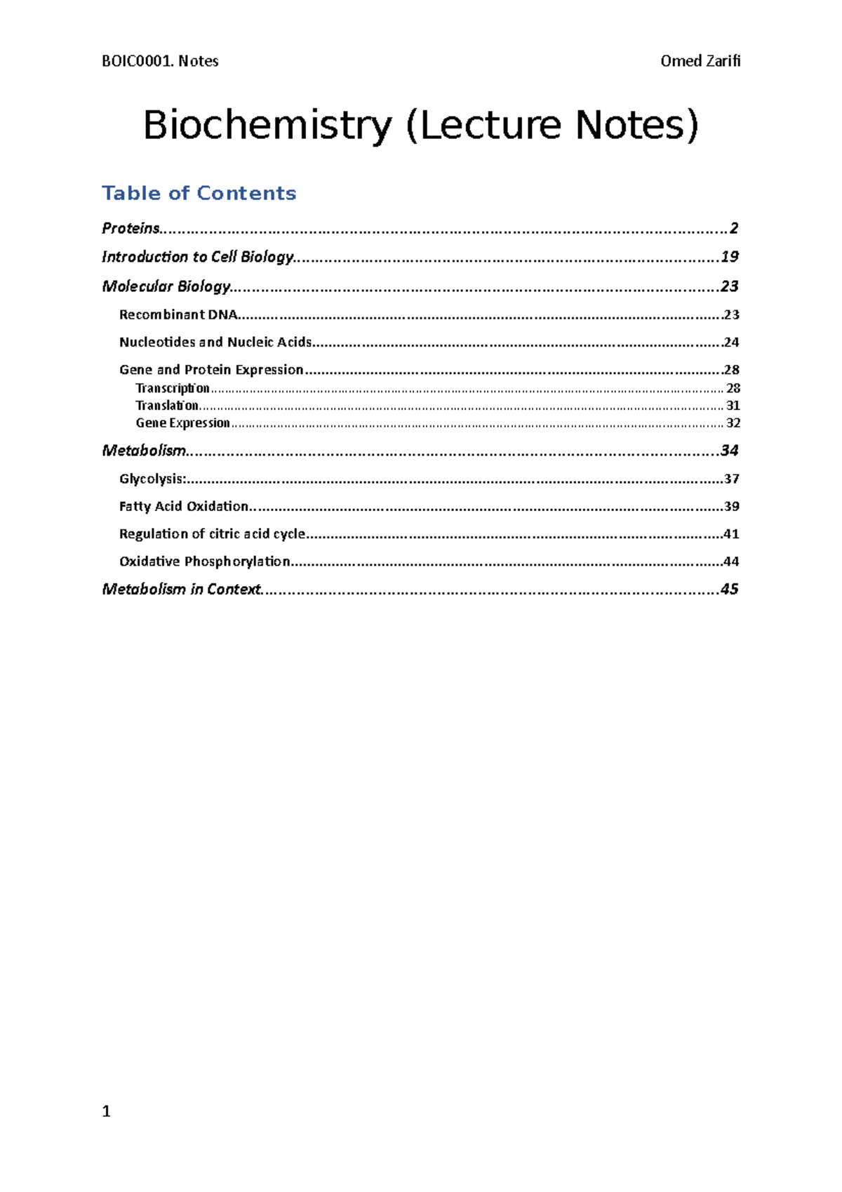 Biochemistry (BIOC0001) Protein Theory - Biochemistry (Lecture Notes ...