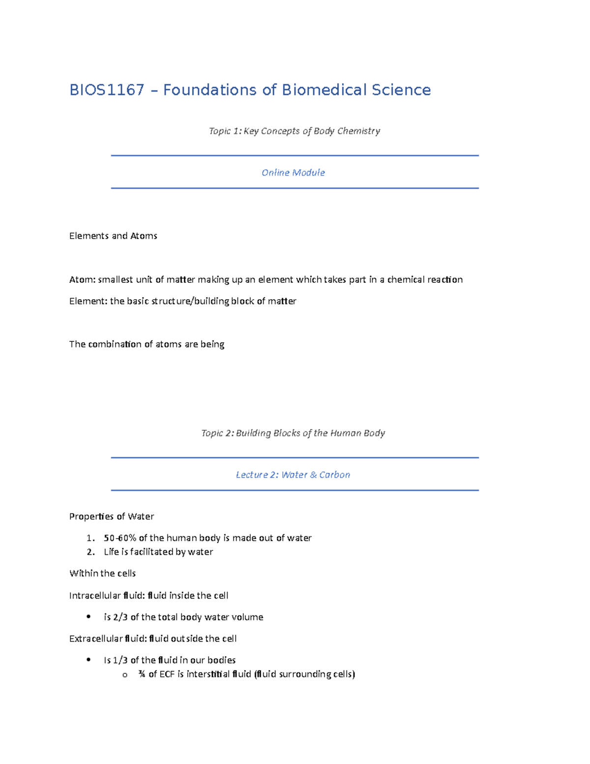 BIOS1167 notes - BIOS1167 – Foundations of Biomedical Science Topic 1 ...