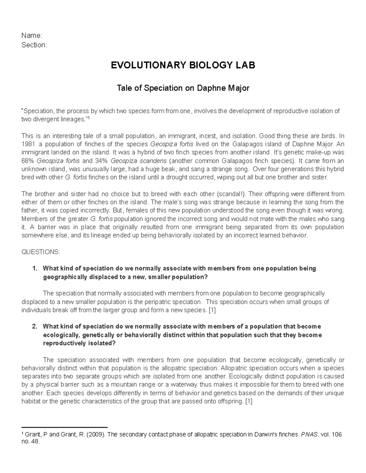 Evolutionary Bio - Act 3 - Name: Section: EVOLUTIONARY BIOLOGY LAB Tale ...