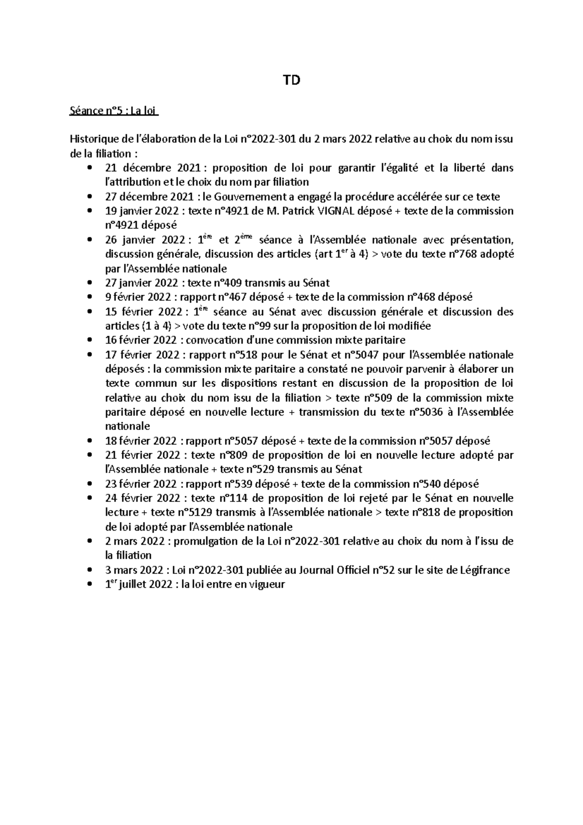 TD n°5 - cours - TD Séance n°5 : La loi Historique de l’élaboration de la Loi n°2022-301 du 2 ...